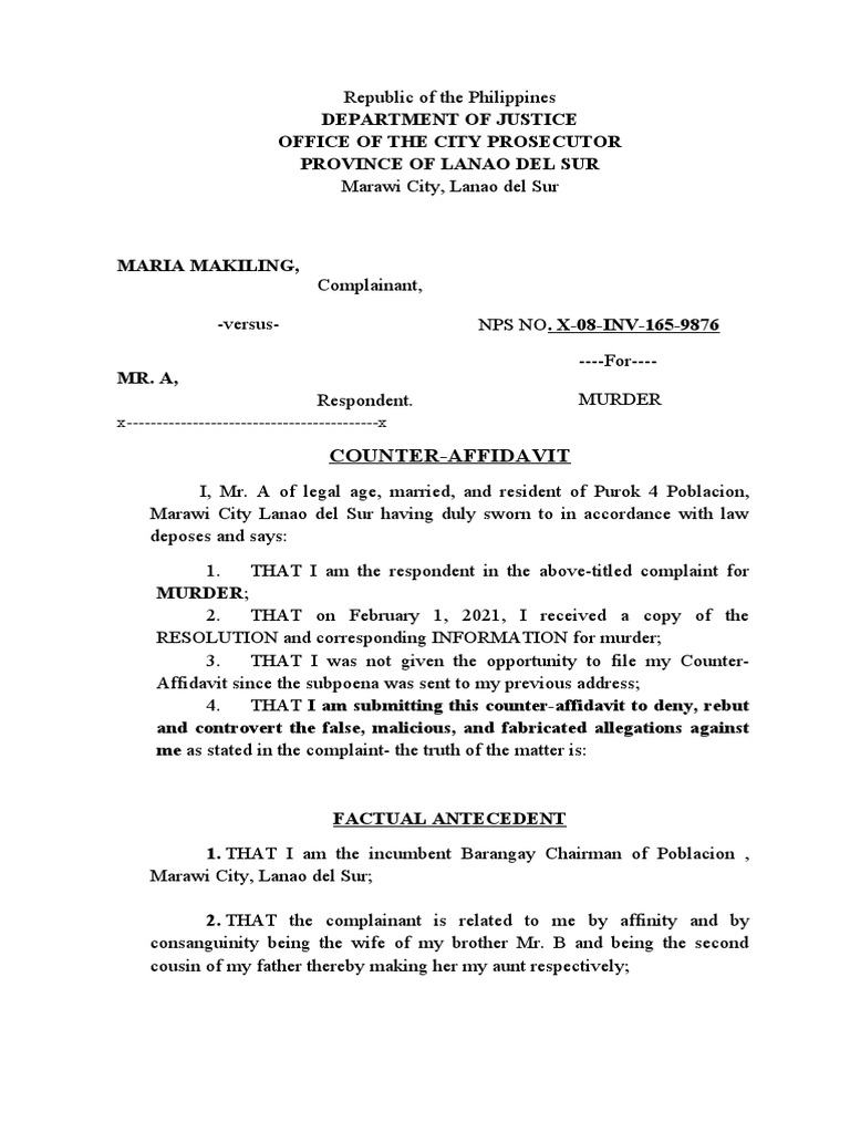 Counter-Affidavit in Murder Case | PDF | Reasonable Doubt | Witness