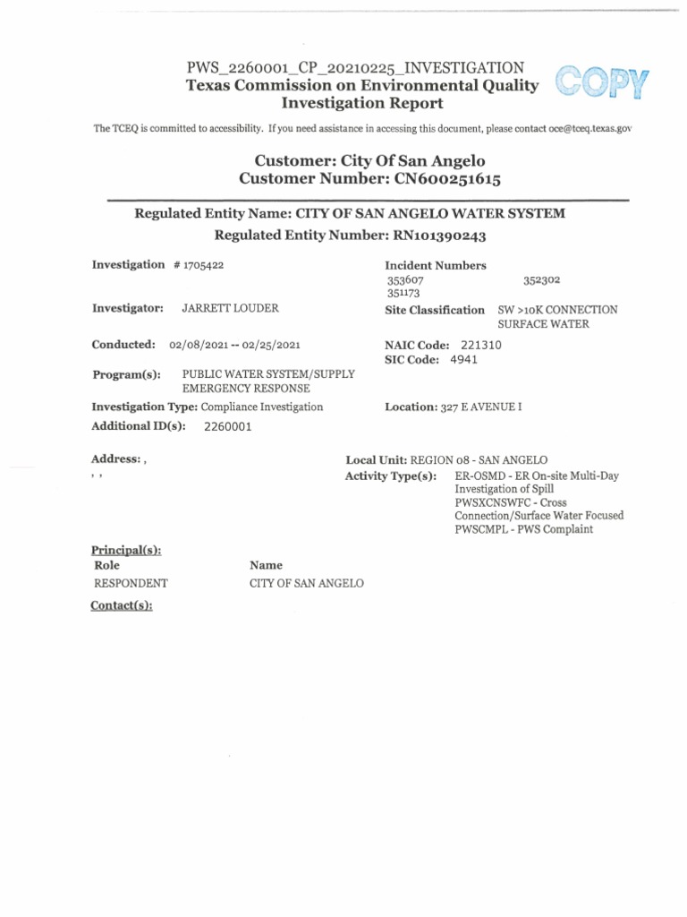 Texas Commission On Environmental Quality Investigation Report | PDF ...