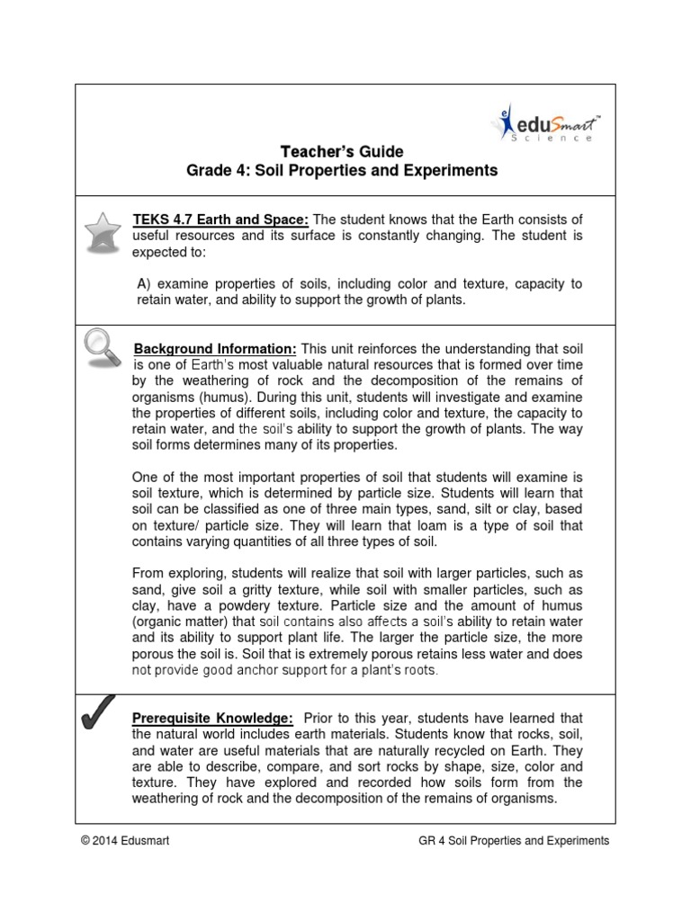 Teacher's Guide Grade 4: Soil Properties and Experiments | PDF | Soil ...