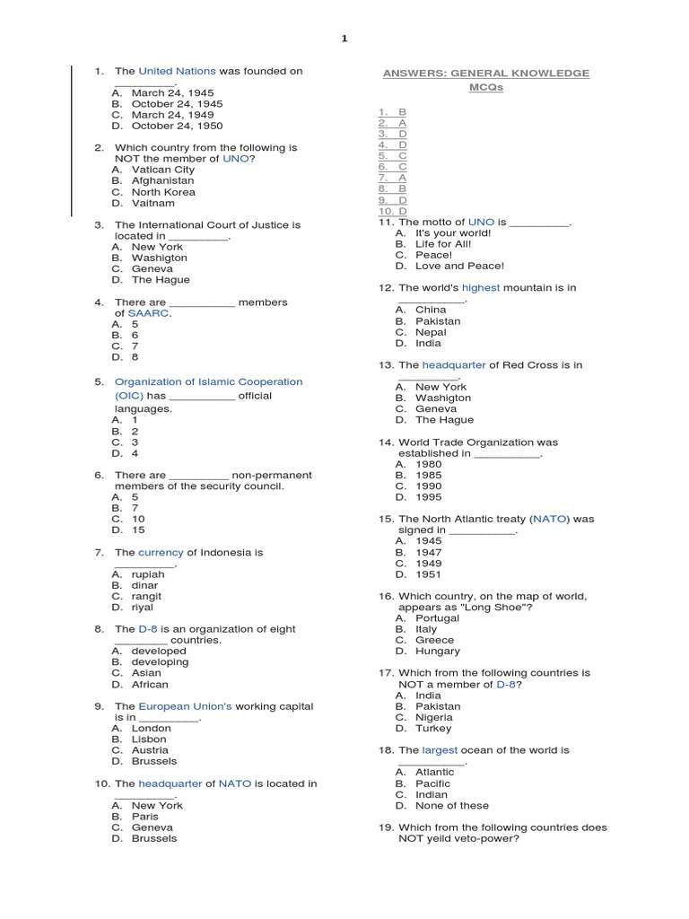 General Knowledge NTS Important MCQs | PDF | Organisation Of Islamic ...