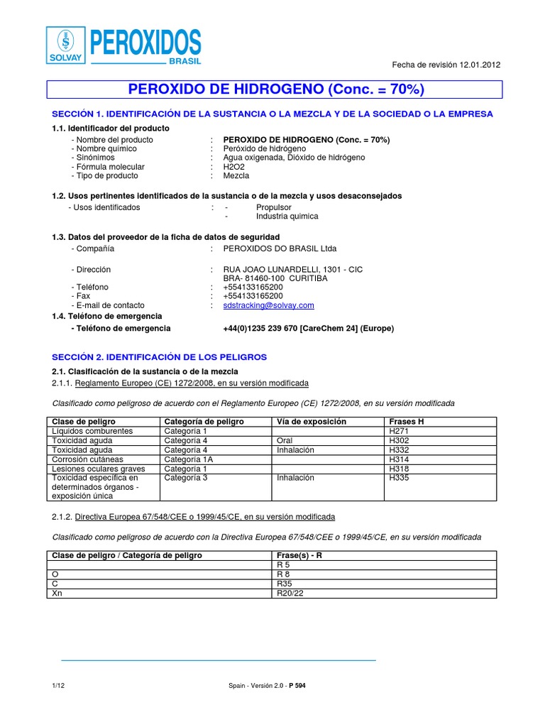 MSDS H2o2 70% Español Quimtia | PDF | Agua | Química