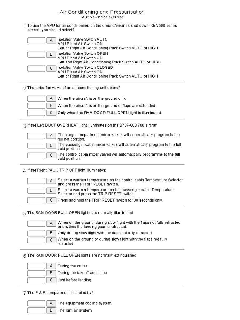 737 Air Conditioning And Pressurisation Quiz Pdf Gases Aviation