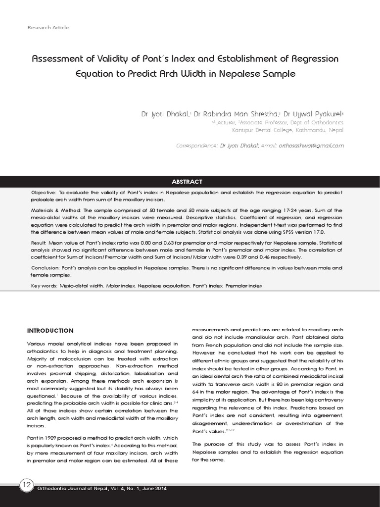 Assessment of Validity of Pont's Index and Establishment of Regression ...