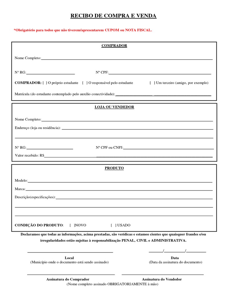 Recibo de Compra e Venda: Detalhes e Assinaturas | PDF | Finanças e ...