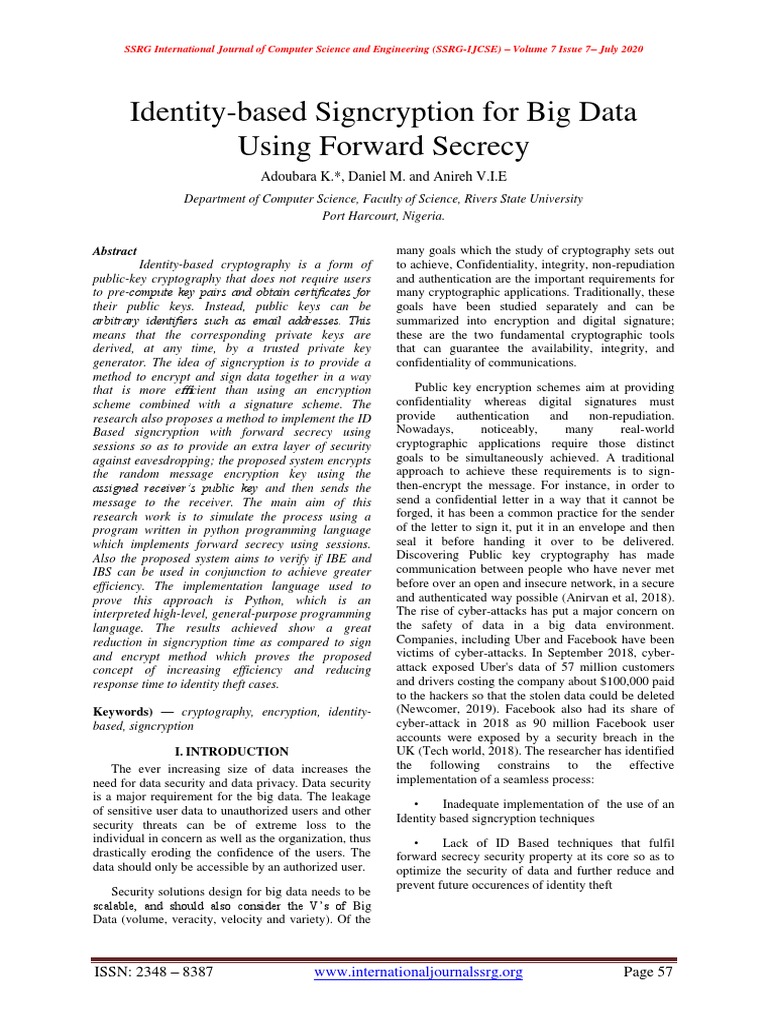 Identity-Based Signcryption For Big Data | PDF | Public Key Cryptography | Cryptography