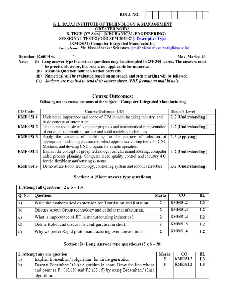 CIM Sessional Test Questions on Computer Integrated Manufacturing | PDF ...