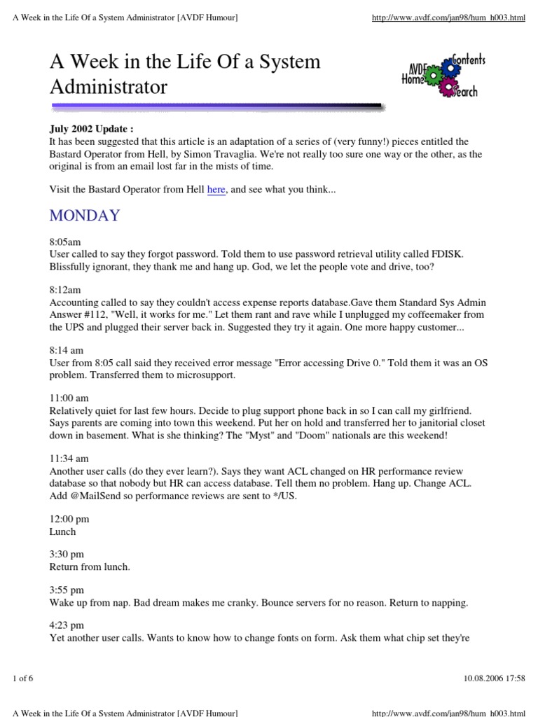 A Week in The Life of A System Administrator | PDF | Databases | Computing