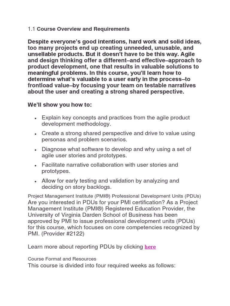 1.1 Course Overview and Requirements: Project Management Institute (Pmi ...