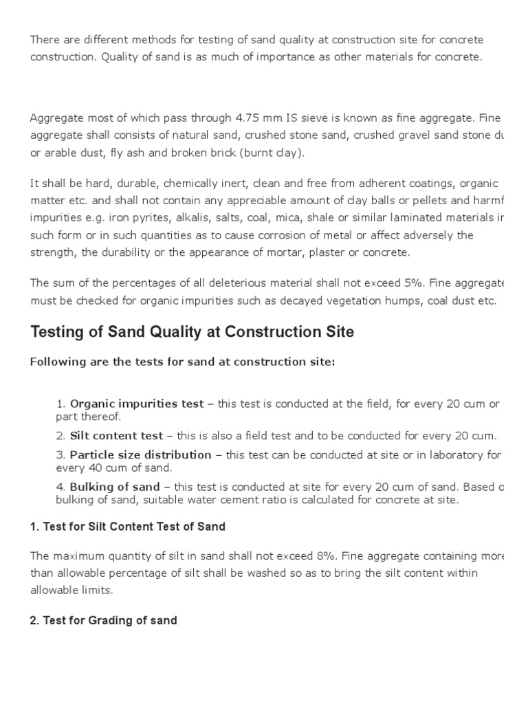 Testing of Sand Quality at Construction Site For Concrete | PDF | Sand ...