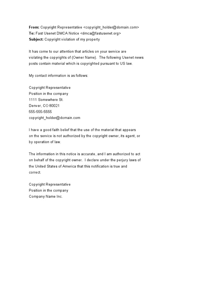DMCA Takedown Notice Template | PDF | Law