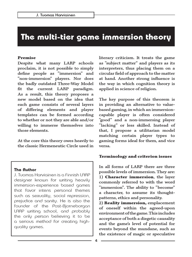 The Multi-Tier Game Immersion Theory: J. Tuomas Harviainen | PDF ...