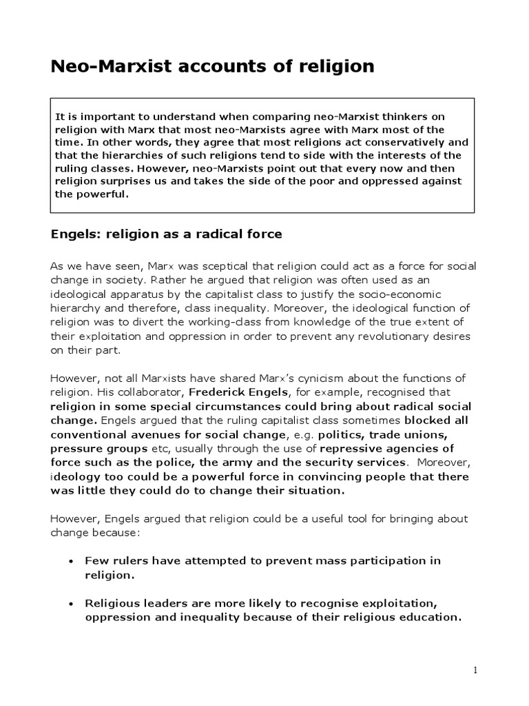 Neo-Marxist Accounts of Religion: Engels: Religion As A Radical Force ...