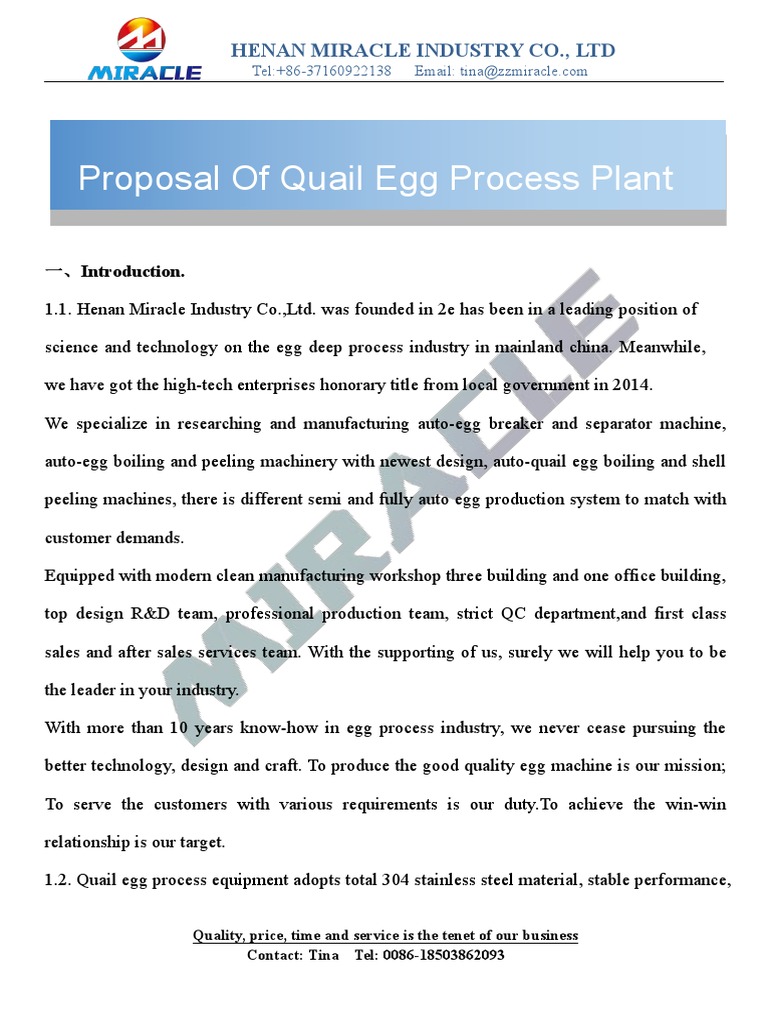 Quotation of Small Automatic Quail Egg Production Plant From Tina | PDF ...