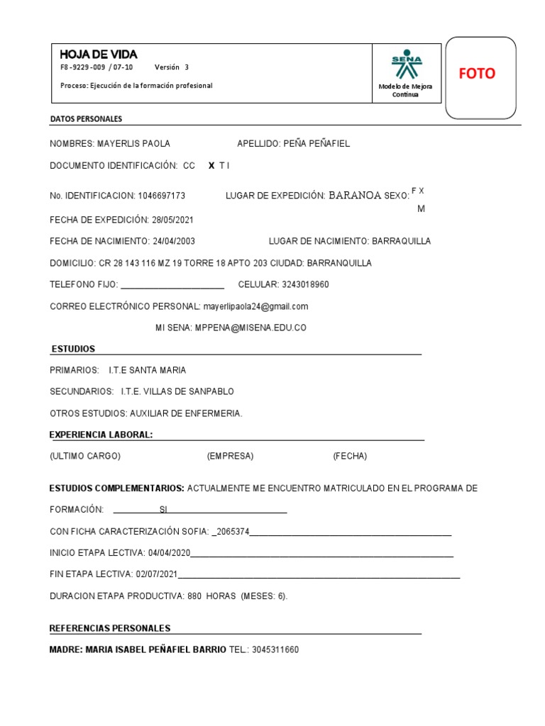 Datos de Mayerlis Paola Peña Peñafiel | PDF