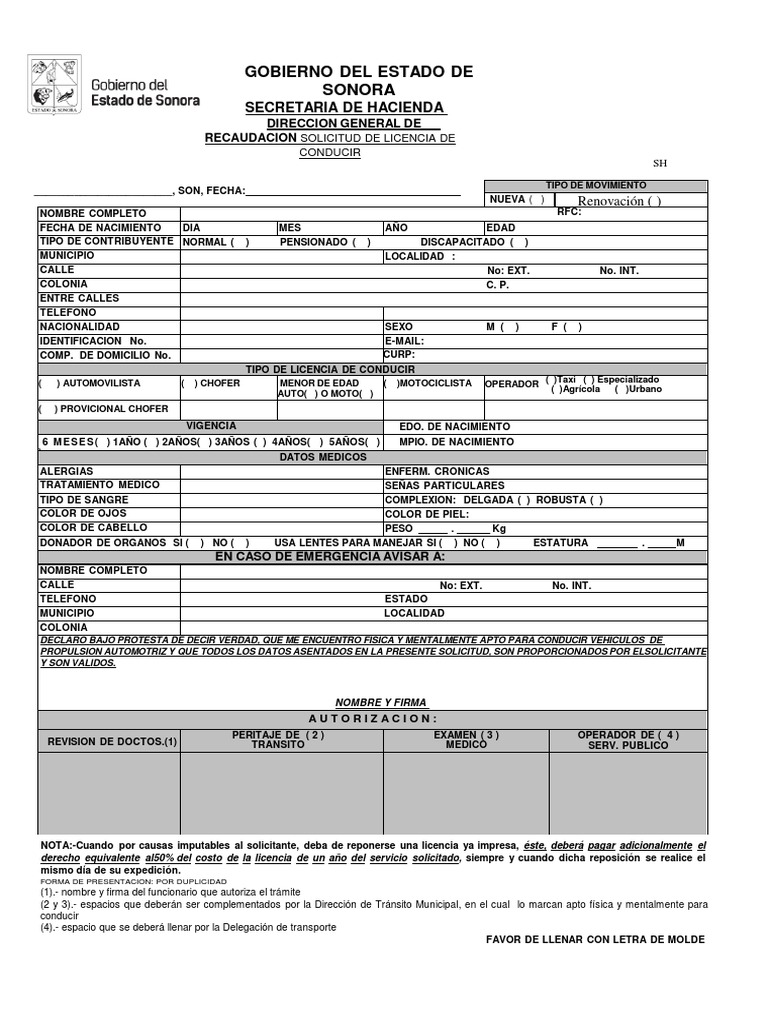 Formato de Expedicion de Licencias de Conducir | Descargar gratis PDF ...