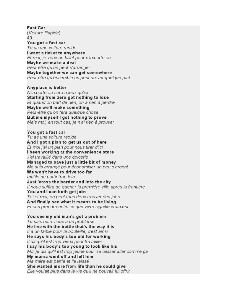 Traduction des paroles de "Fast Car" | PDF | Divertissement (Général)