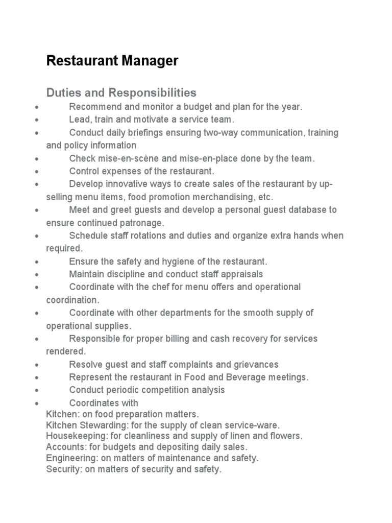 Restaurant Manager: Duties and Responsibilities | PDF | Restaurants ...