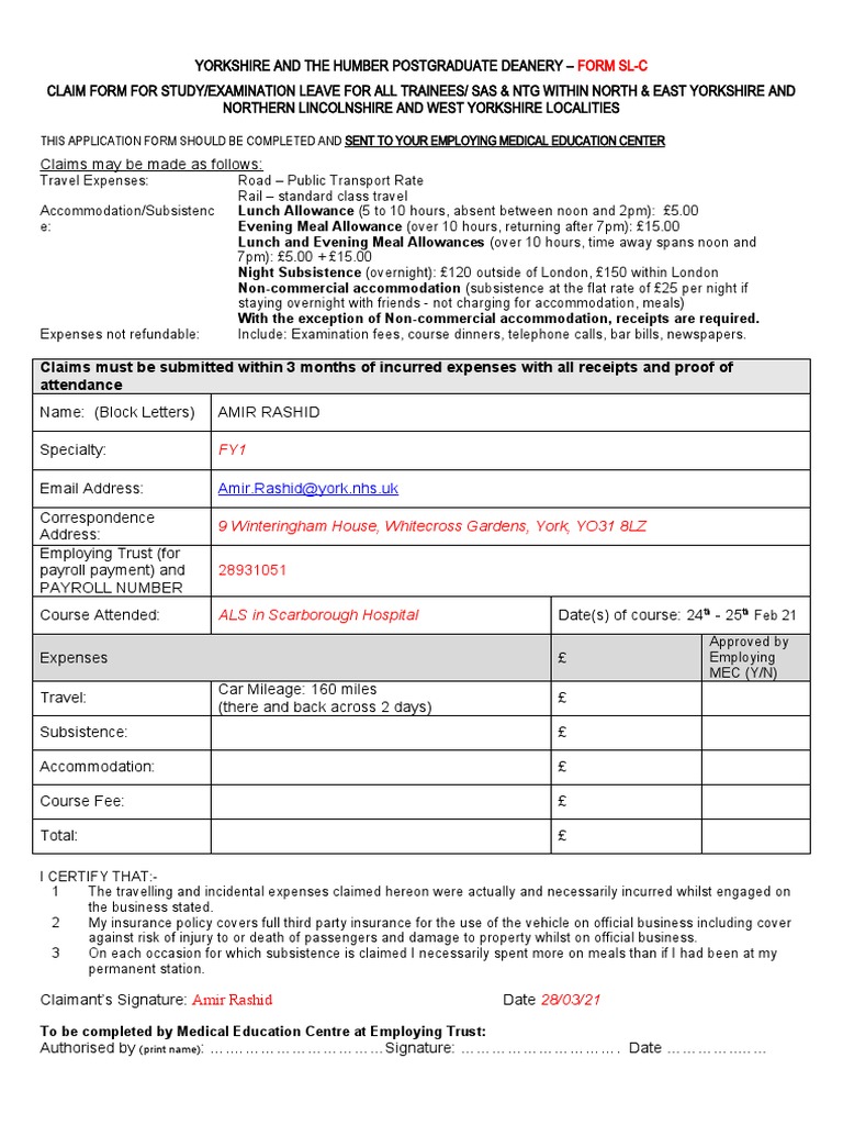 SL-C Claim Form for Travel Expenses | PDF | Transport | Service Industries