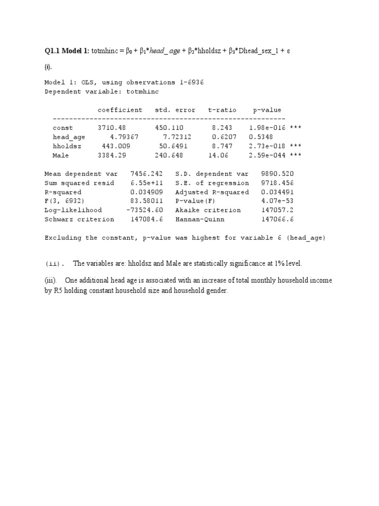 Q1.1 Model 1: totmhinc = β | PDF | Coefficient Of Determination ...