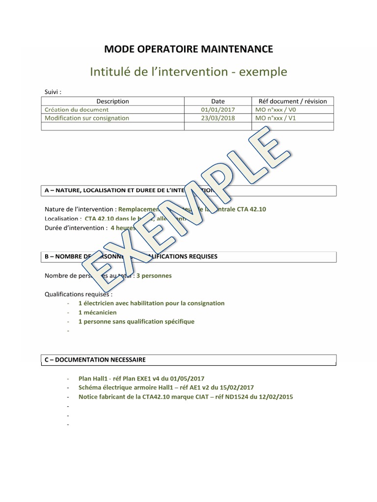 Exemple de Mode Opératoire Maintenance | PDF | Équipement | Énergie et ...