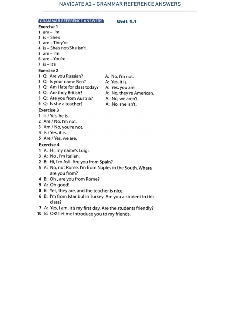 Navigate A2 - Grammar Reference Answer Keys | PDF | Technology ...