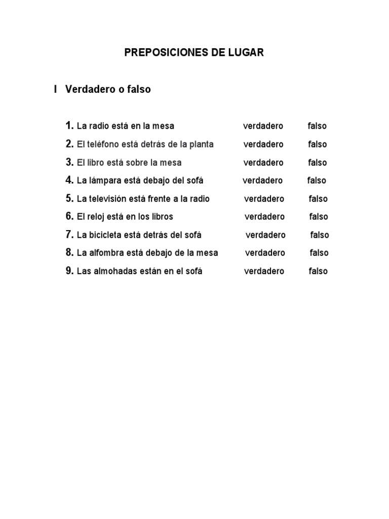 Hoja De Trabajo De Preposiciones De Ubicación