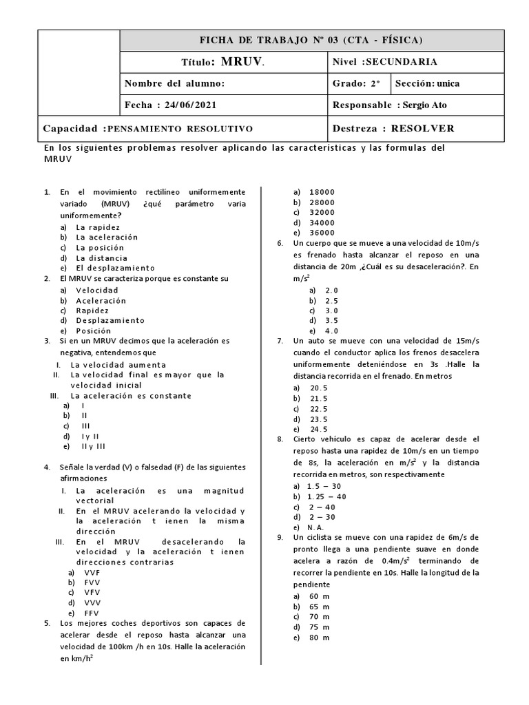 Ficha de Trabajo Mruv | PDF | Aceleración | Tarifas