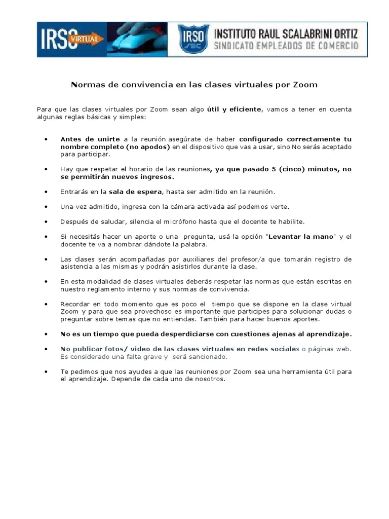 Normas de Convivencia para Las Clases Virtuales Por Zoom | PDF