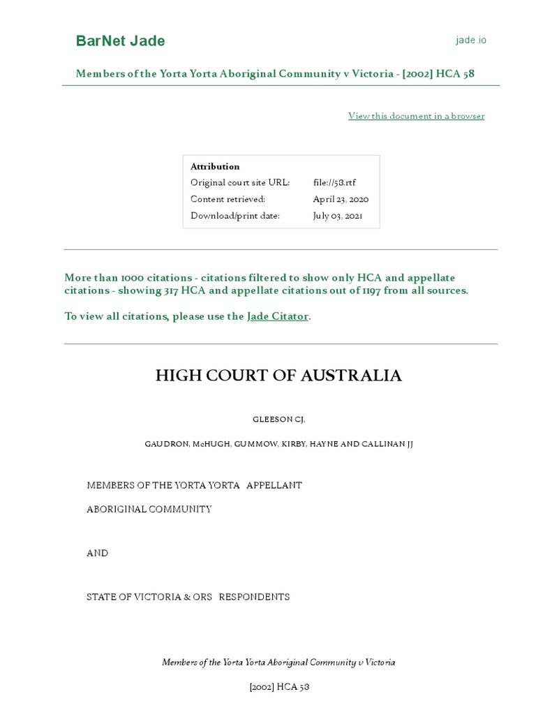 Members of The Yorta Yorta Aboriginal Community V Victoria (2002) HCA ...