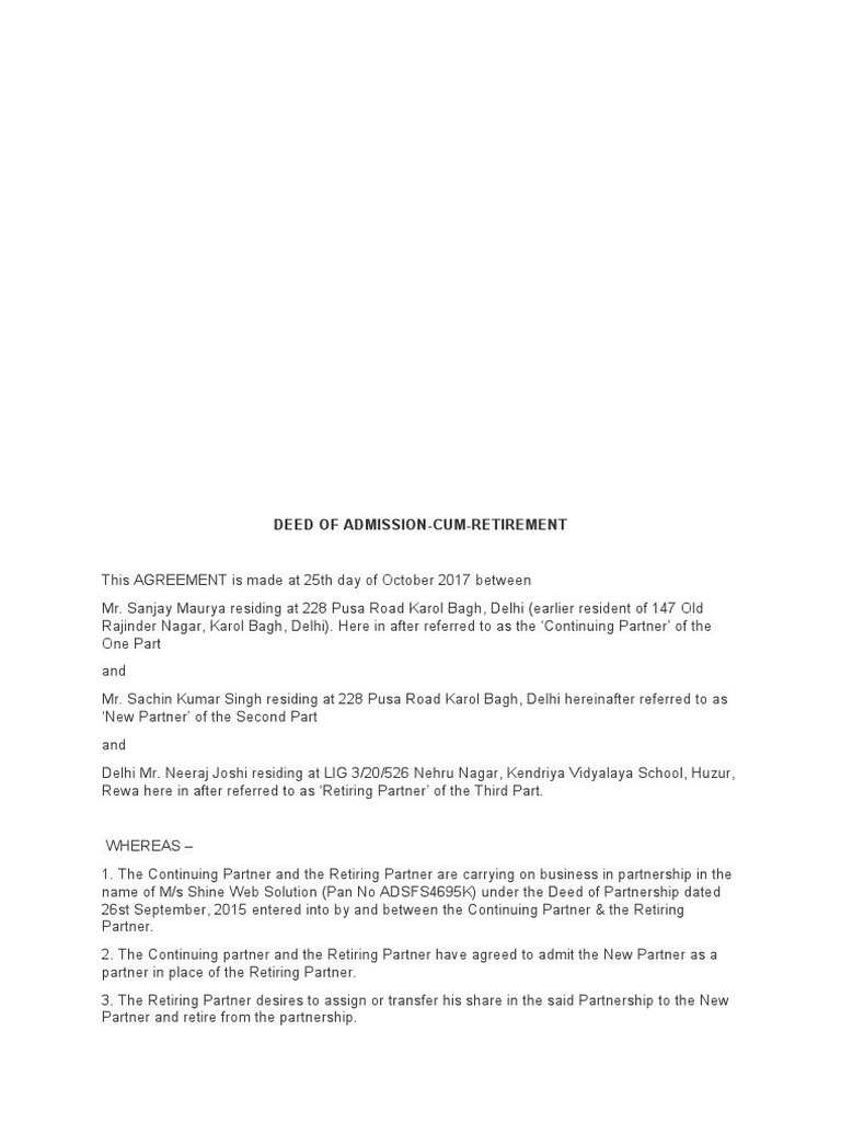 Admission-Cum-Retirement Deed Template | PDF | Partnership | Government ...