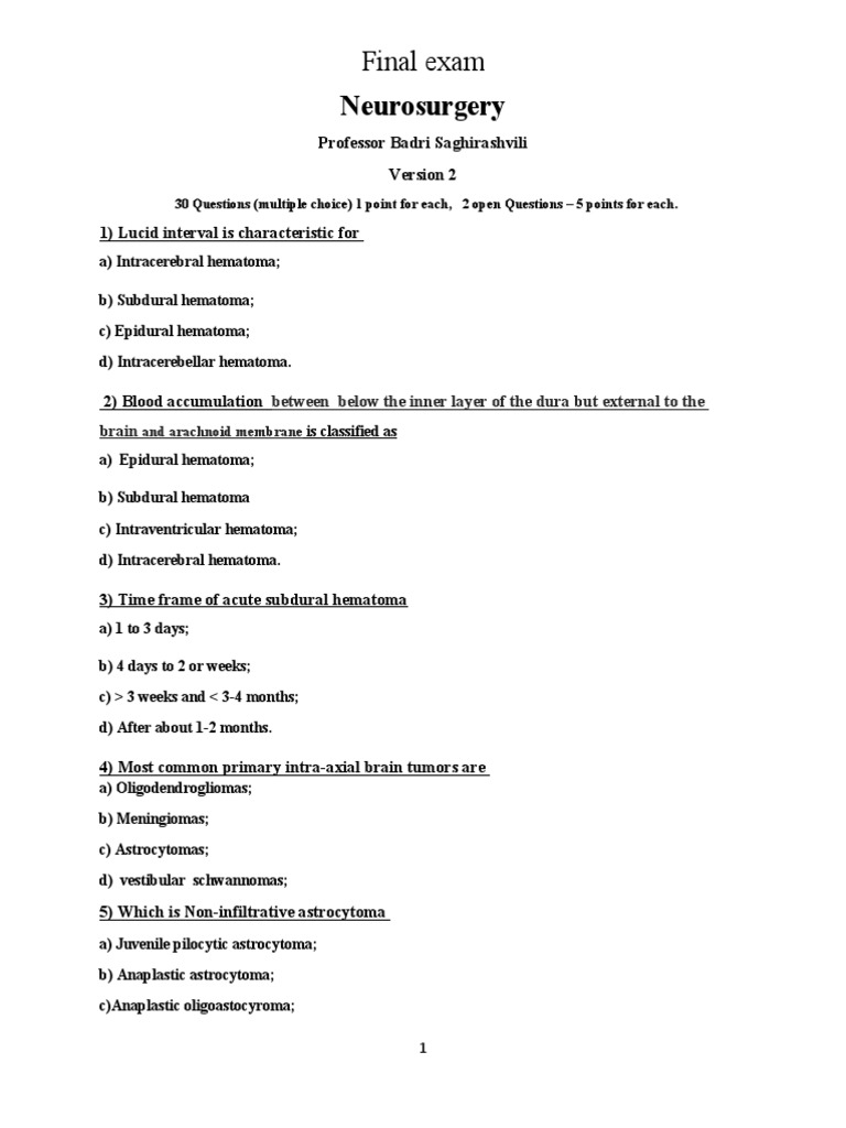 Neurosurgery Final Exam Questions | PDF | Brain Tumor | Nervous System