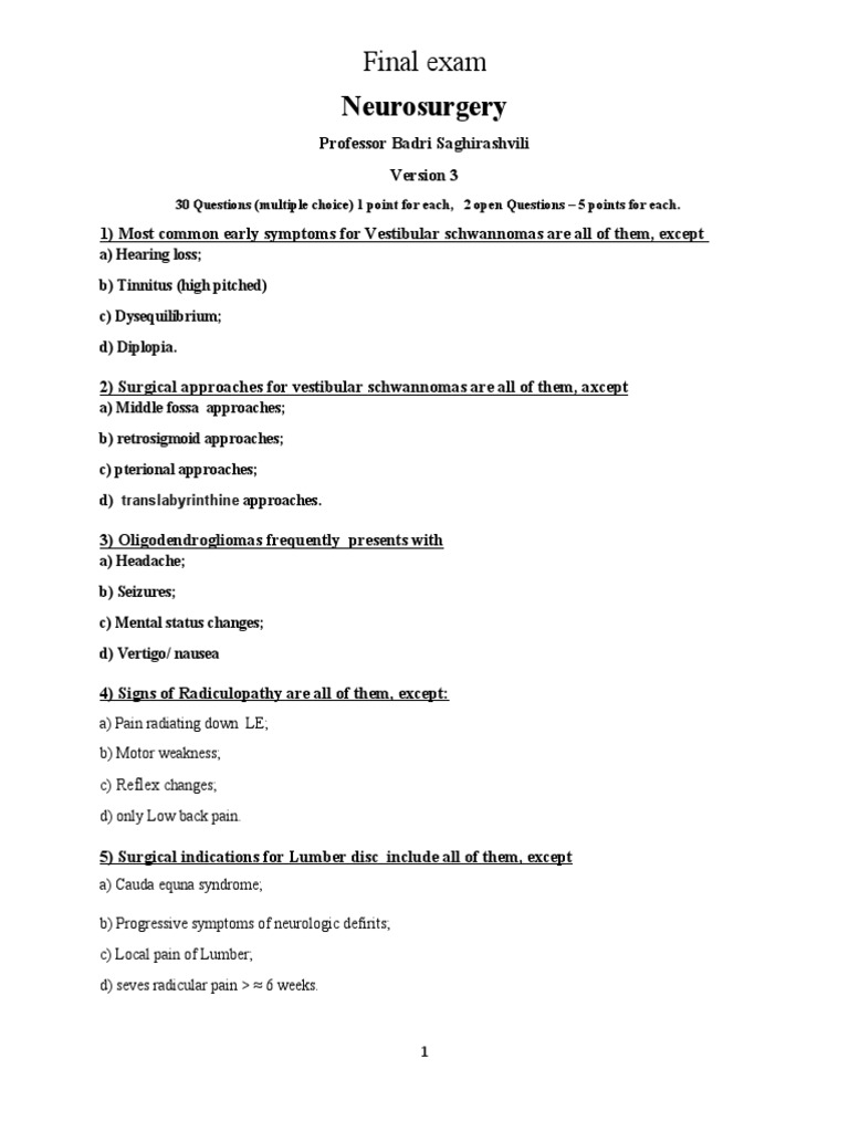 Final-Exam Neurosurgery - 3-Version | PDF | Brain Tumor | Skull
