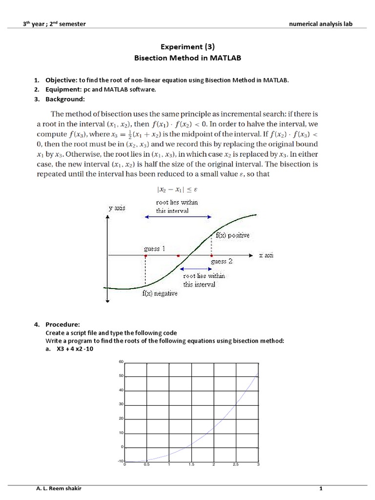 Experiment (3) Bisection Method in MATLAB: Objective: Equipment: 3 ...