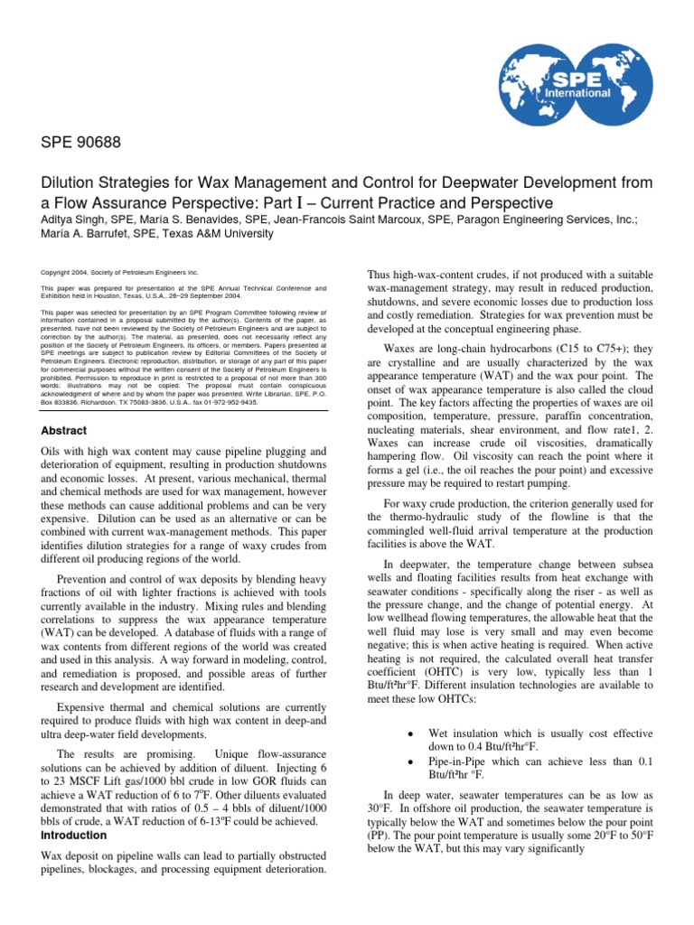 SPE 90688 Dilution Strategies For Wax Management and Control For ...