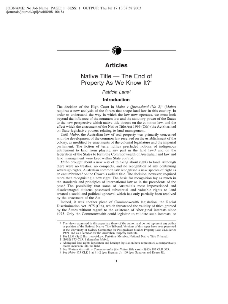 Native Title - The End of Property As We Know It - (2000) 8 APLJ 1 ...