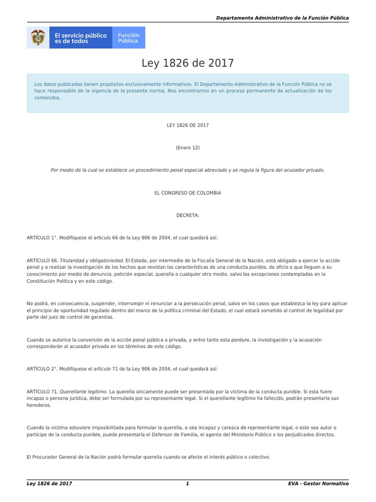 Ley 1826 de 2017 | PDF | Queja | Mala conducta