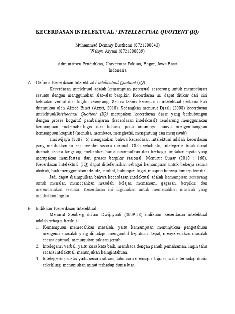 Definisi dan Indikator Kecerdasan Intelektual | PDF