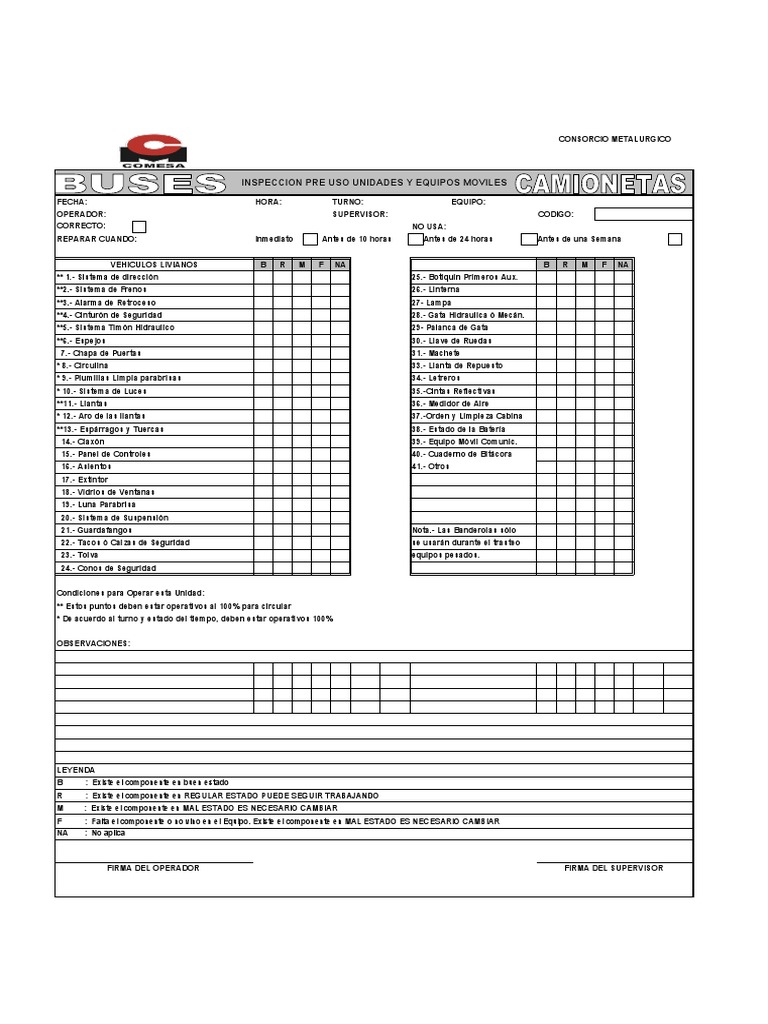 Formatos Check List Pre Uso Equipos y Unidades | PDF | Vehículos ...