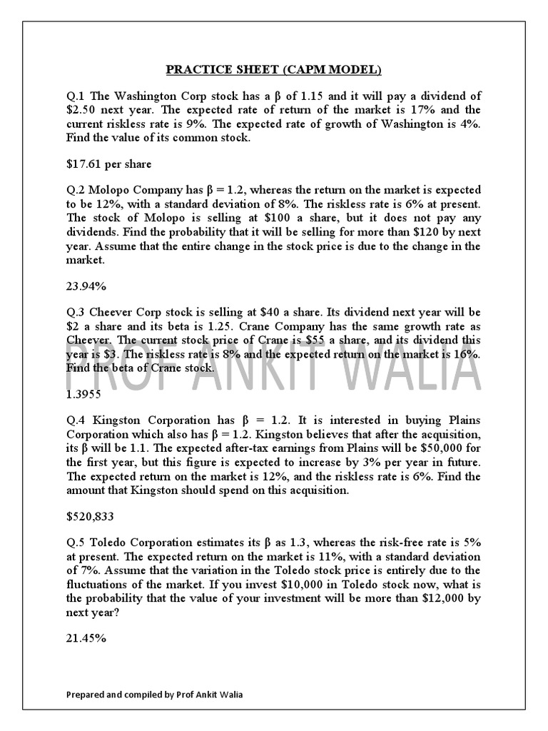 Practice Sheet (Capm Model) : Prepared and Compiled by Prof Ankit Walia ...