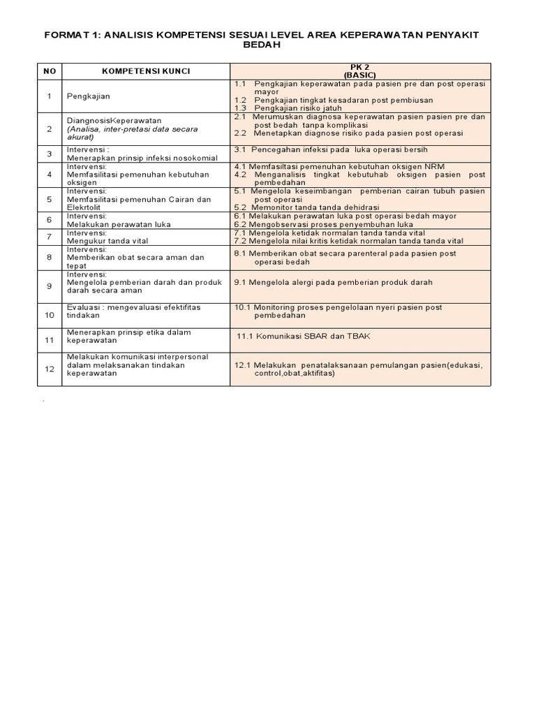 Format 1 Analisis Kompetensi Sesuai Level Area Keperawatan Penyakit Bedah | PDF | Pengembangan ...
