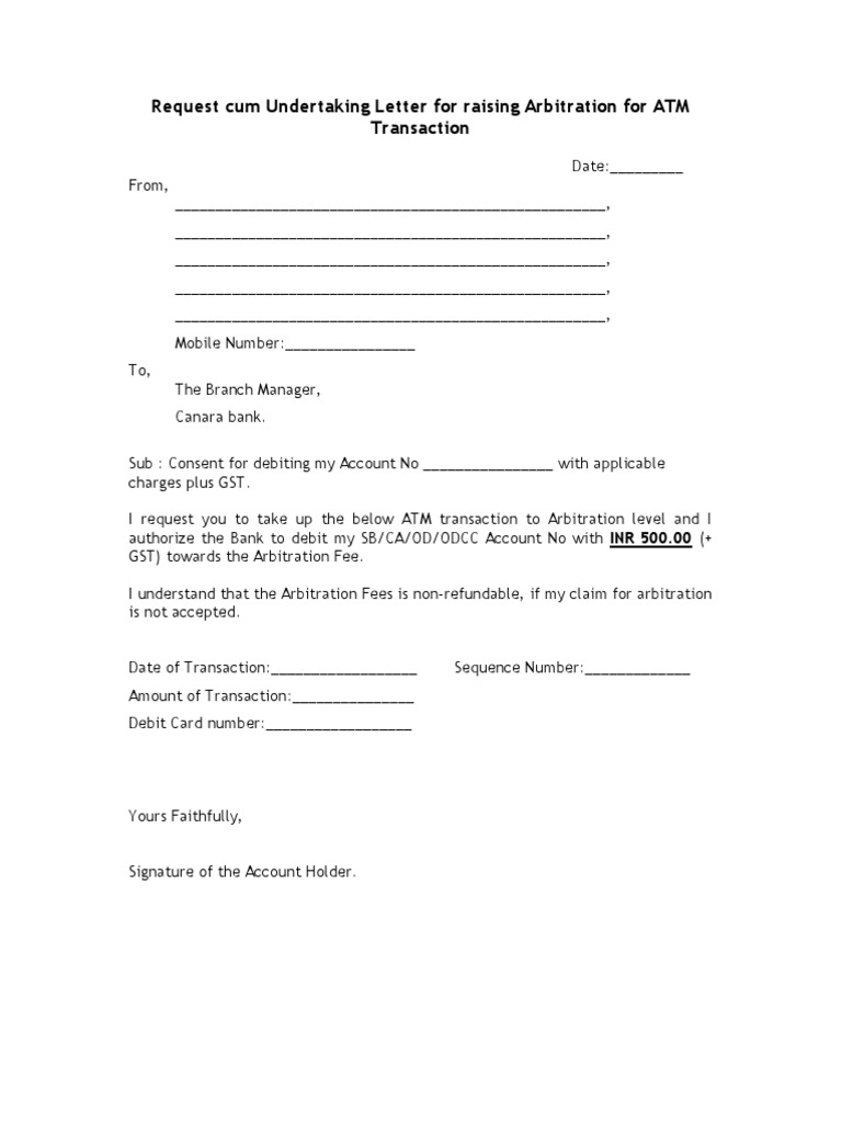 Undertaking Letter ATM Transaction | PDF