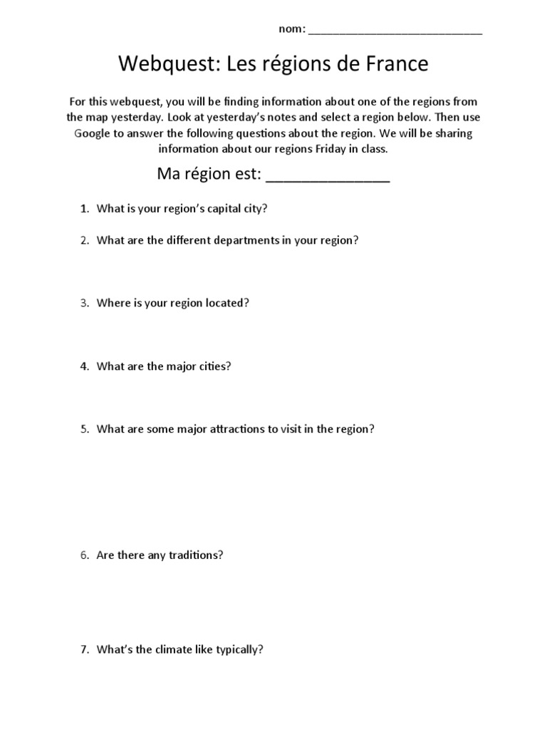 Regions of France Webquest | PDF