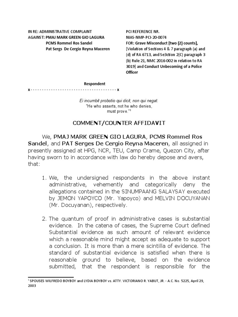 Comment/Counter Affidavit: PCMS Rommel Ros Sandel Pat Sergs de Cergio ...