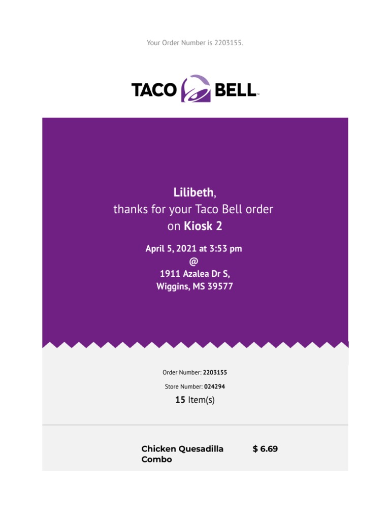 Taco Bell Order Receipt #2203155 | PDF