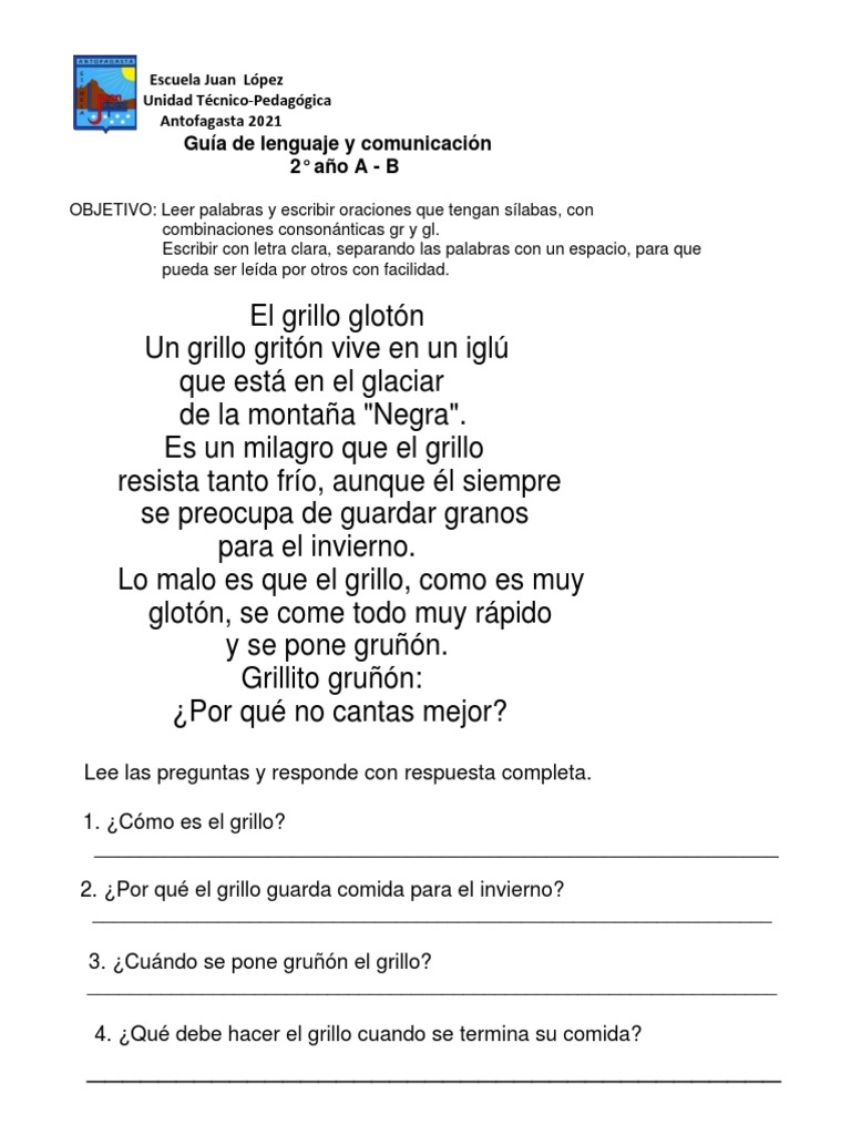 Guia de Segundo Con Texto Comprension y Grupo Consonantico | PDF