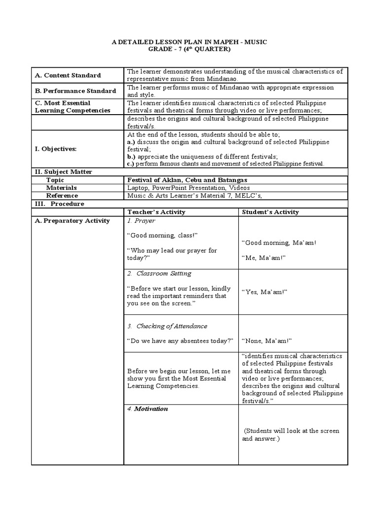 A Detailed Lesson Plan in Mapeh - Music GRADE - 7 (4 Quarter) | PDF ...