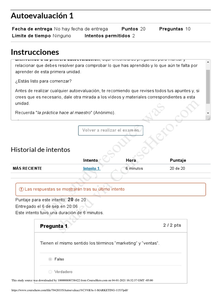 Autoevaluaci N 1 MARKETING 11537 PDF | PDF | Marketing | Economias