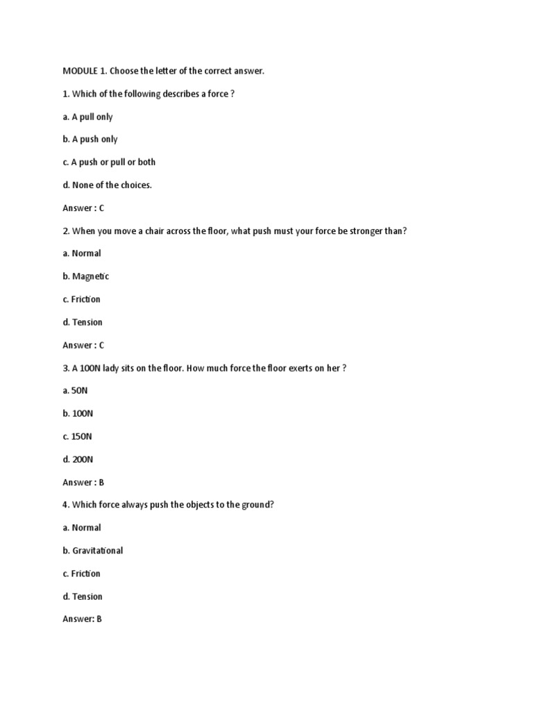 Forces Module 1 Multiple Choice Quiz | PDF | Friction | Force