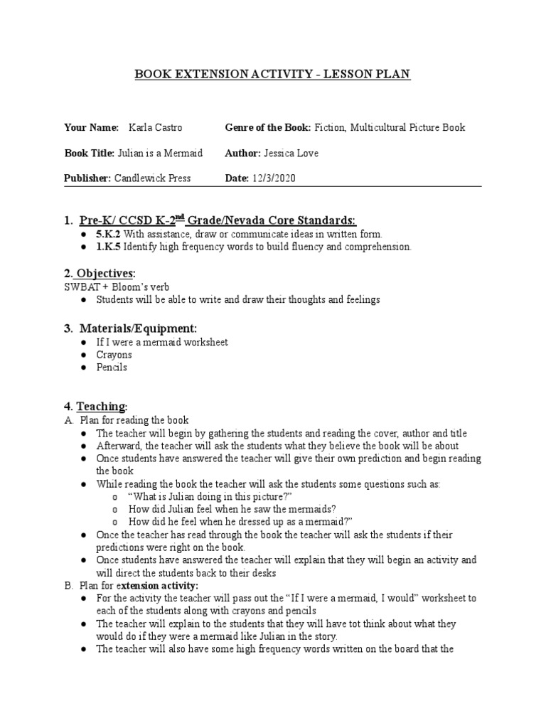 Book Extension Activity - Lesson Plan | PDF | Reading Comprehension ...