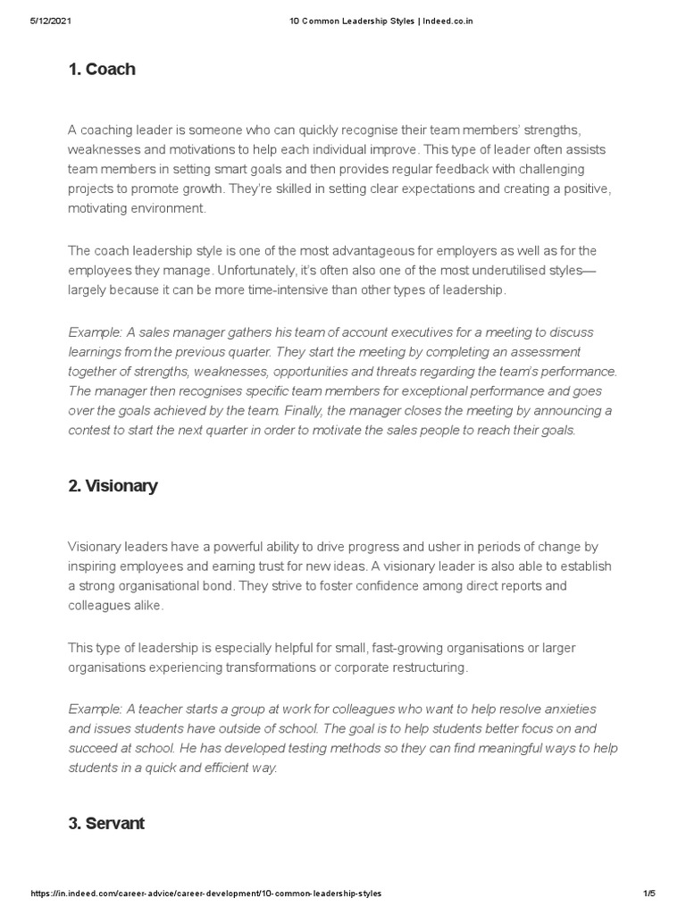 10 Common Leadership Styles - Indeed - Co.in | PDF | Leadership | Goal